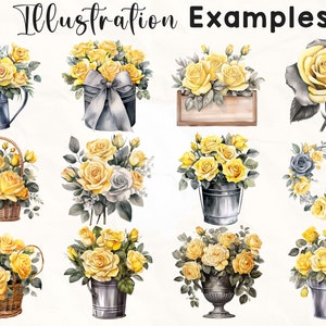 296 Yellow and Grey Roses Clipart Bundle, Watercolor Floral Clipart ...
