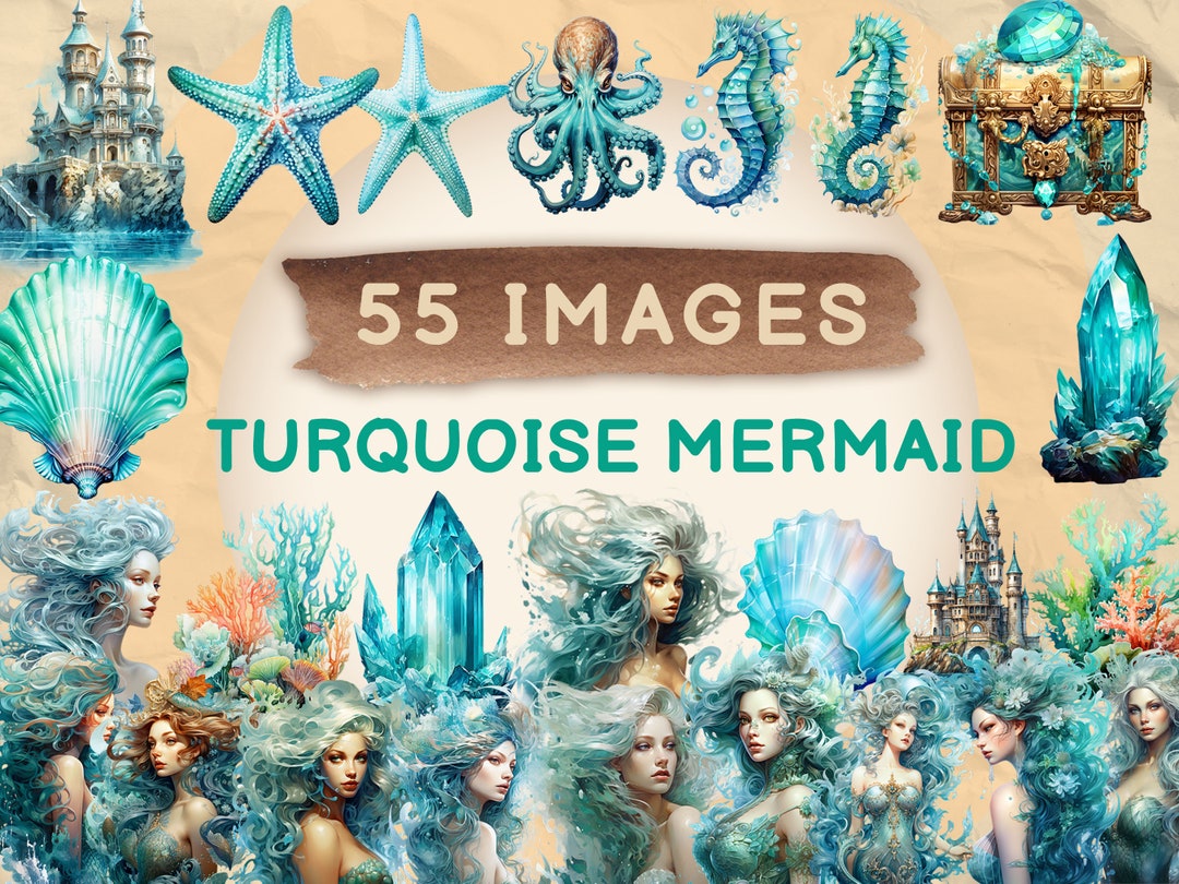 55 Turquoise Mermaid Clipart, Watercolor Mermaid Clipart, 4K PNG and ...