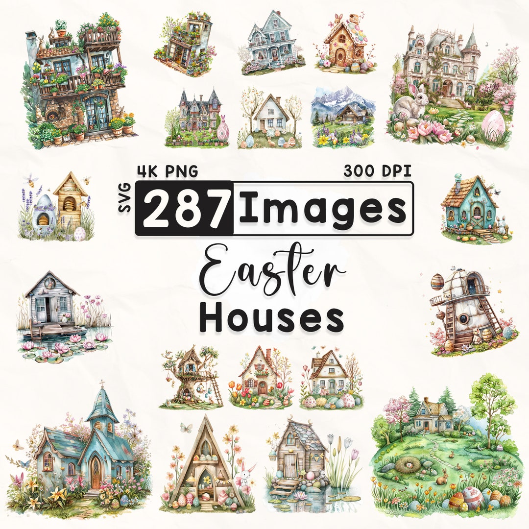 287 Easter House Clipart Bundle, Watercolor Easter Clipart, Bunny ...