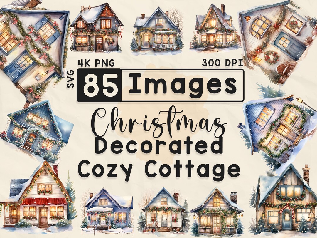 Christmas Decorated Cozy Cottage Clipart, Watercolor Clipart, Christmas ...
