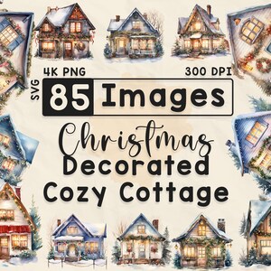 Christmas Decorated Cozy Cottage Clipart, Watercolor Clipart, Christmas ...