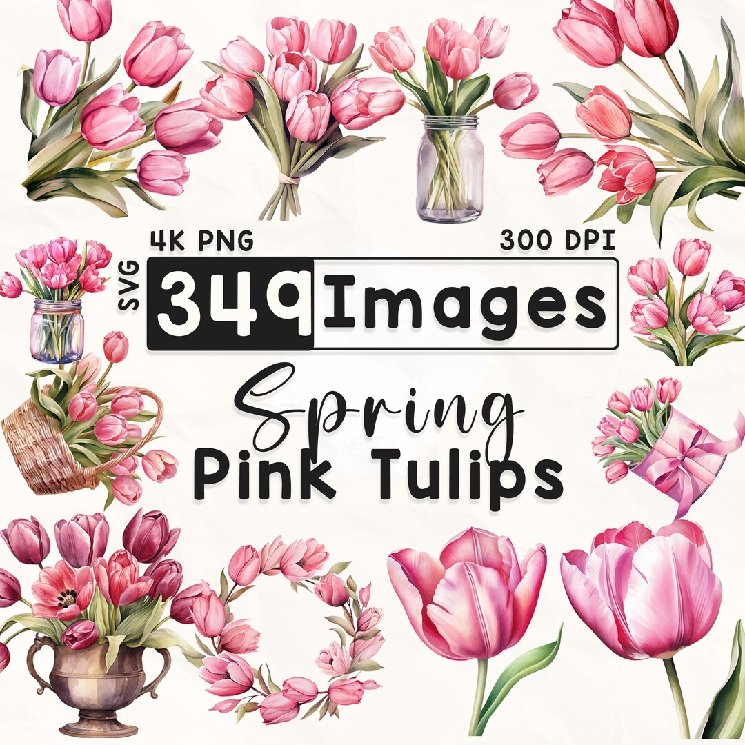 349 Pink Tulips Clipart Bundle, Watercolor Floral Clipart, Tulip ...