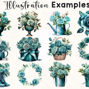 340 Teal Roses Clipart Bundle, Watercolor Floral Clipart, Rose Clipart ...
