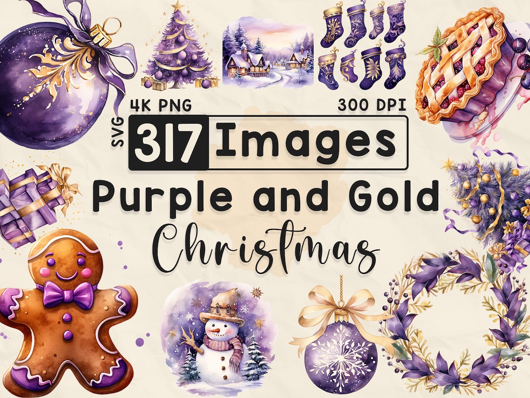 Purple and Gold Christmas Clipart, Watercolor Clipart, Christmas PNG ...