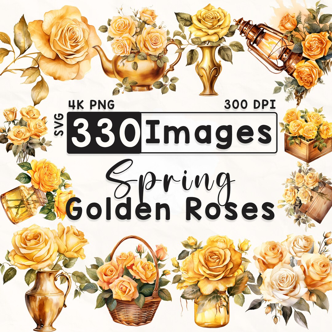 330 Gold Roses Clipart Bundle, Watercolor Floral Clipart, Rose Clipart ...