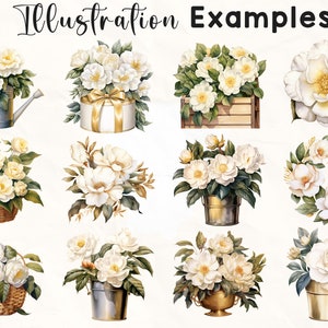 152 White and Gold Camellias Clipart Bundle, Watercolor Floral Clipart ...