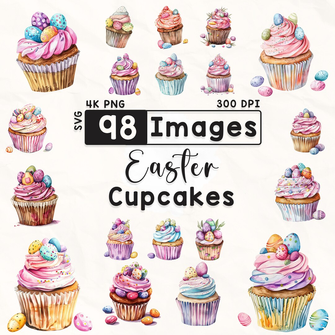 98 Easter Cupcake Clipart Bundle, Watercolor Easter Clipart, Bunny ...