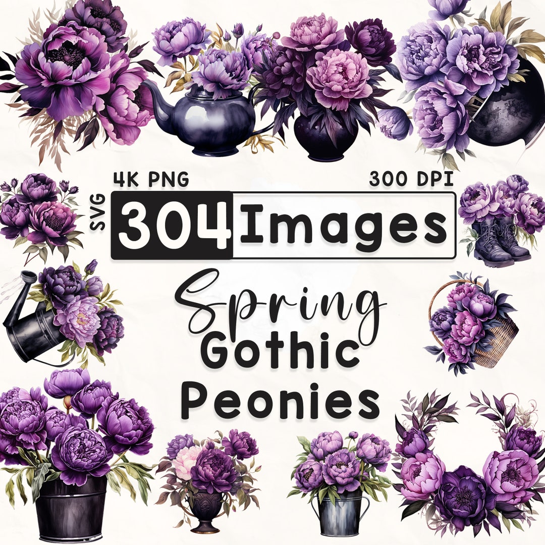 304 Gothic Peonies Clipart Bundle, Watercolor Floral Clipart, Peony ...