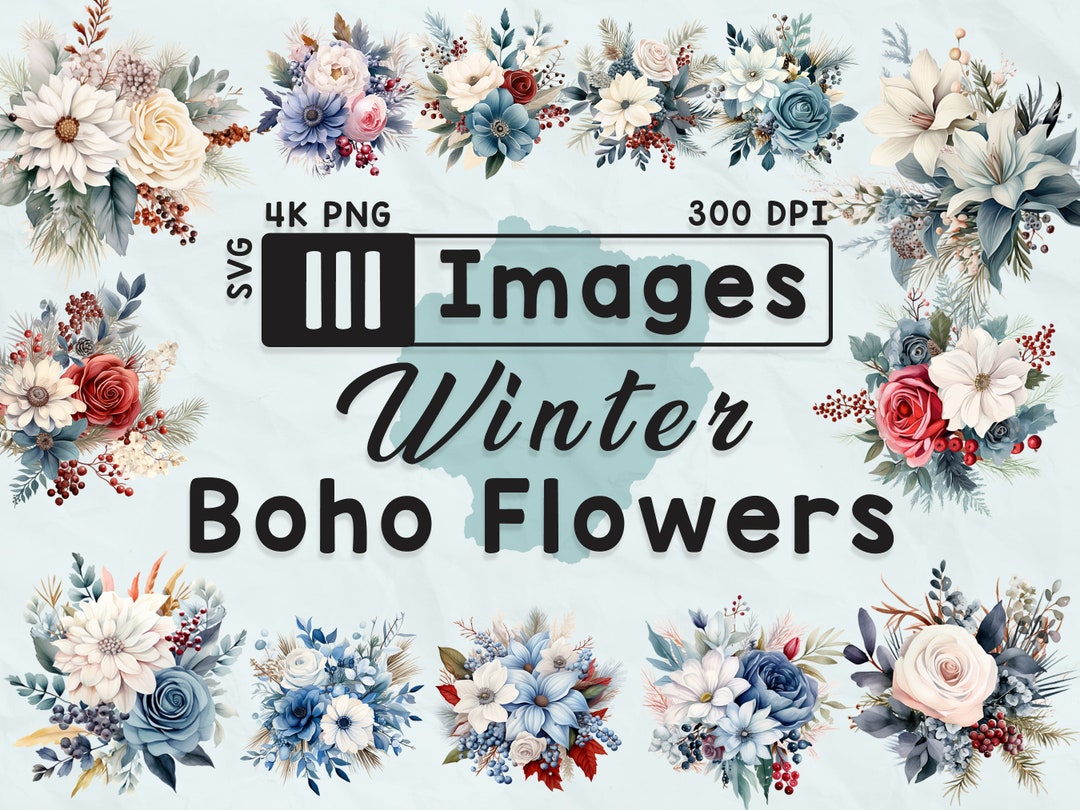 111 Winter Boho Flowers Clipart, Watercolor Clipart, Snow Season ...