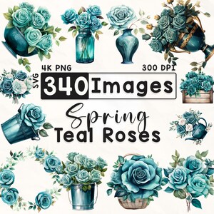 340 Teal Roses Clipart Bundle, Watercolor Floral Clipart, Rose Clipart ...