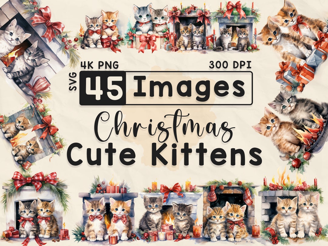 Christmas Cute Kitten Clipart, Watercolor Clipart, Christmas PNG, Cute ...