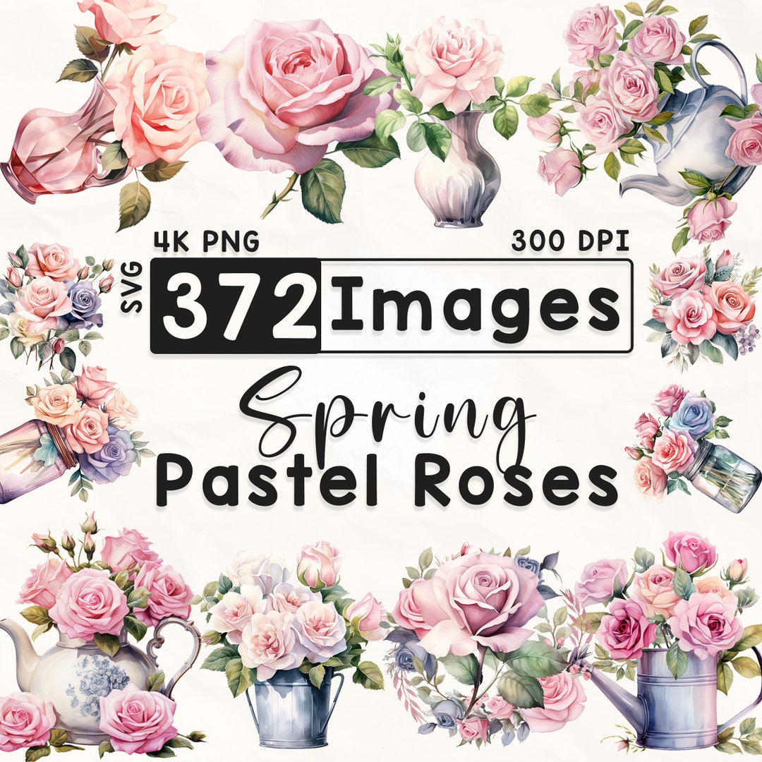 372 Pastel Roses Clipart Bundle, Watercolor Floral Clipart, Rose ...