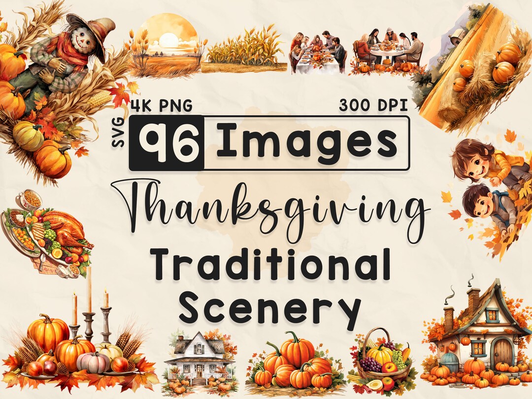 96 Thanksgiving Traditional Scene Clipart, Watercolor Clipart, Fall ...