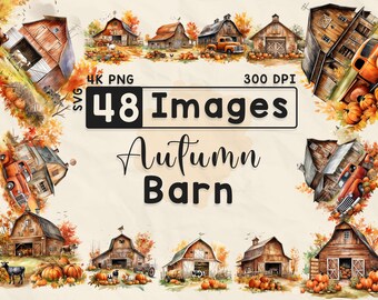 40 Autumn Farm Barn Clipart, Watercolor Clipart, Fall Season, Scrapbook ...