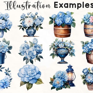 303 Blue Camellias Clipart Bundle, Watercolor Floral Clipart, Camellia ...