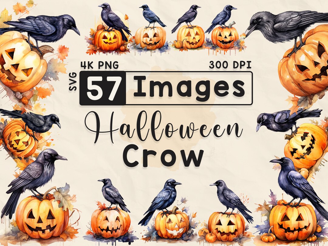 57 Halloween Crow on a Pumpkin Clipart, Watercolor Clipart, Spooky ...