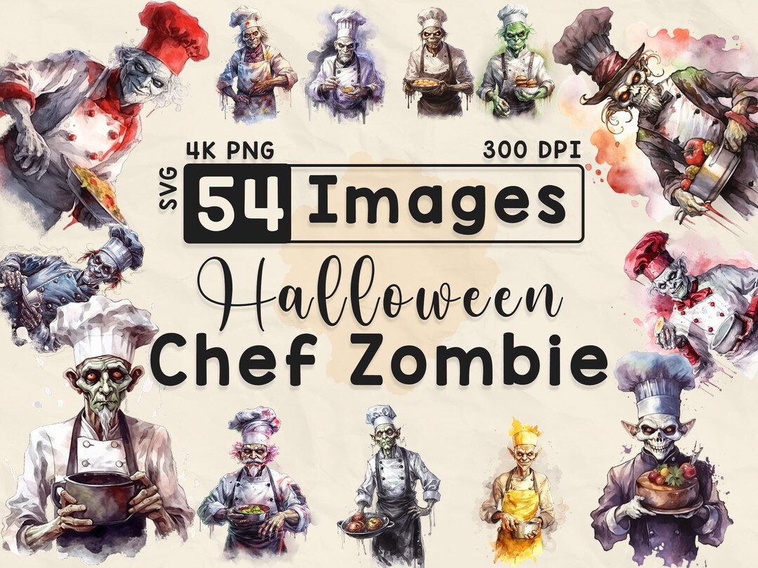 54 Spooky Halloween Zombie Chef Clipart, Watercolor Clipart, Halloween ...