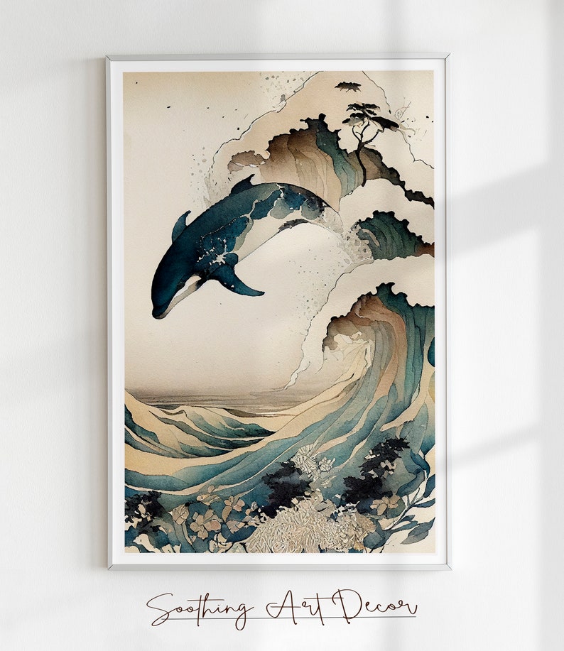 Hokusai Whale Textured Japanese Watercolor Flowers Wall Art Simple ...