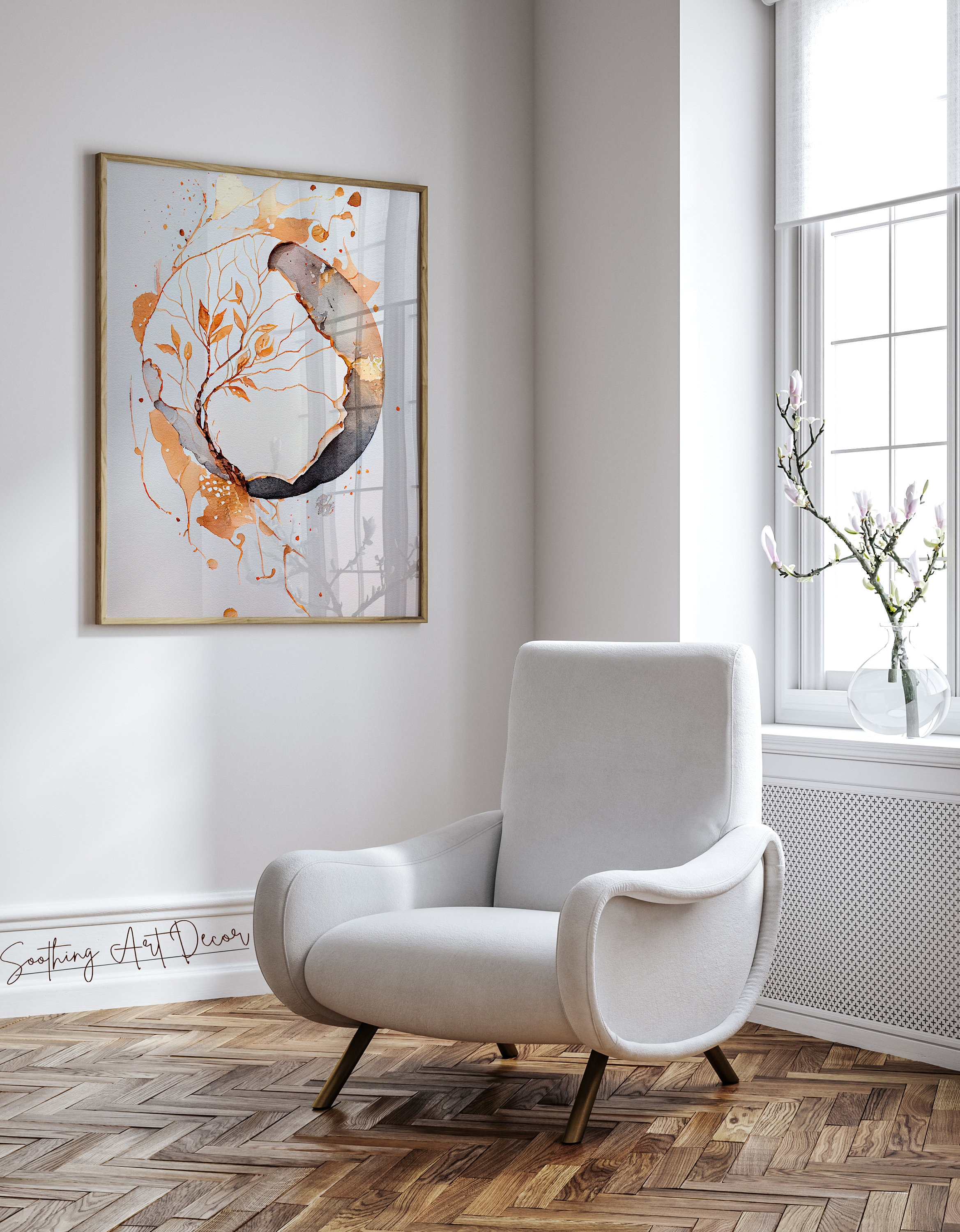 Simple Japandi Kintsugi Zen Enso Circle Wall Art, Golden Textured Sage ...