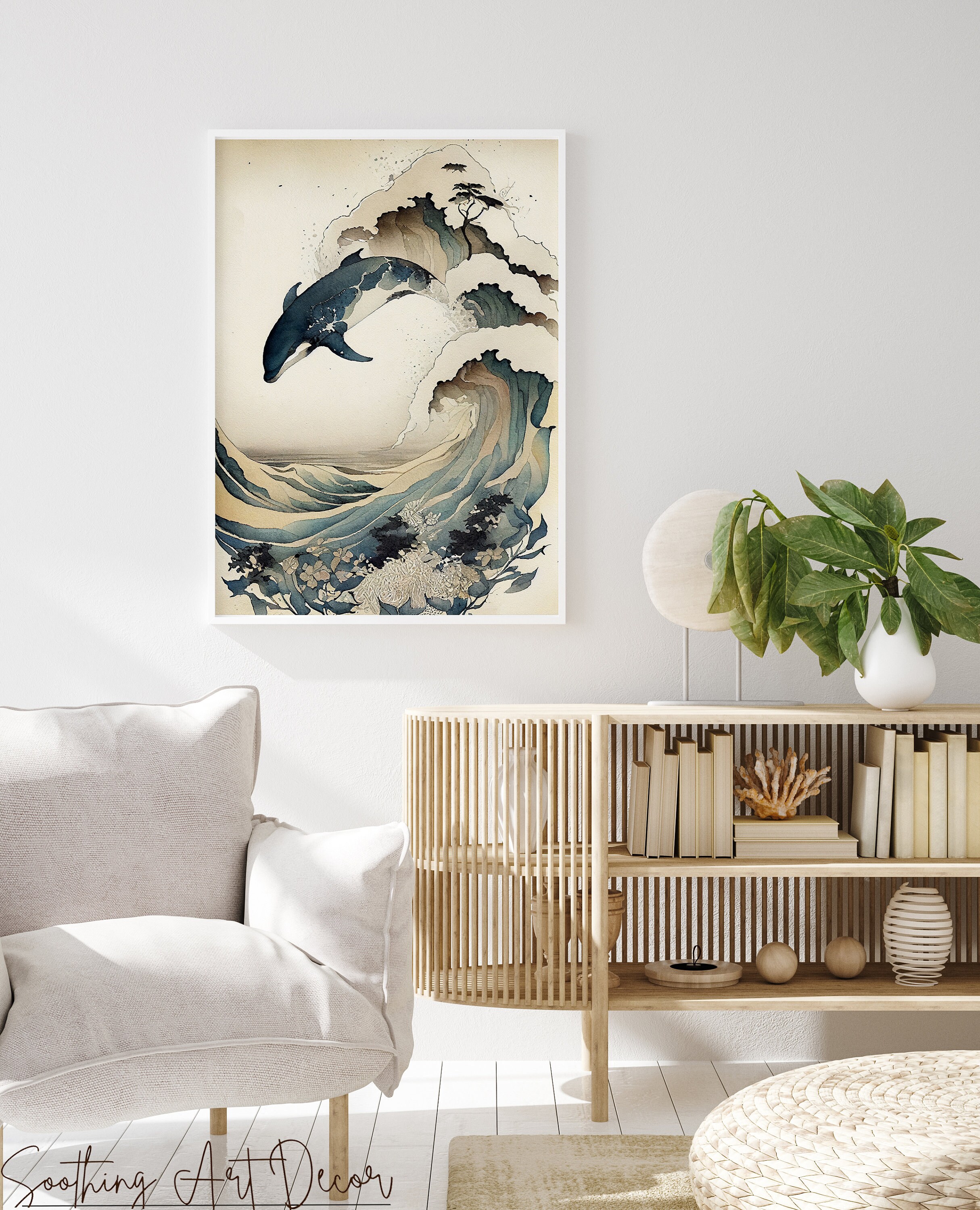 Hokusai Whale Textured Japanese Watercolor Flowers Wall Art Simple ...