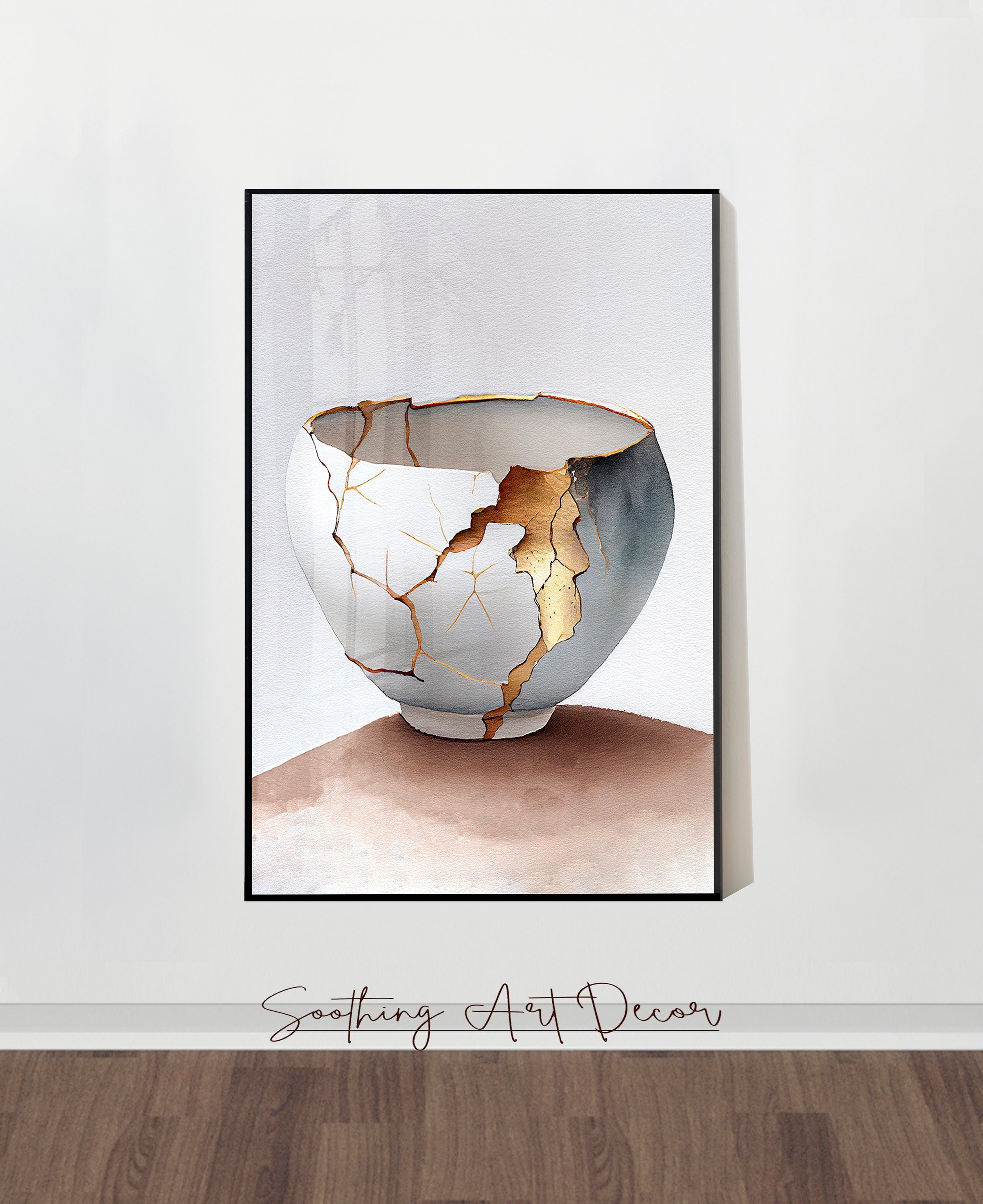 Zen Kintsugi Marble Ceramic Wall Art Simple Watercolor Gold Pottery ...