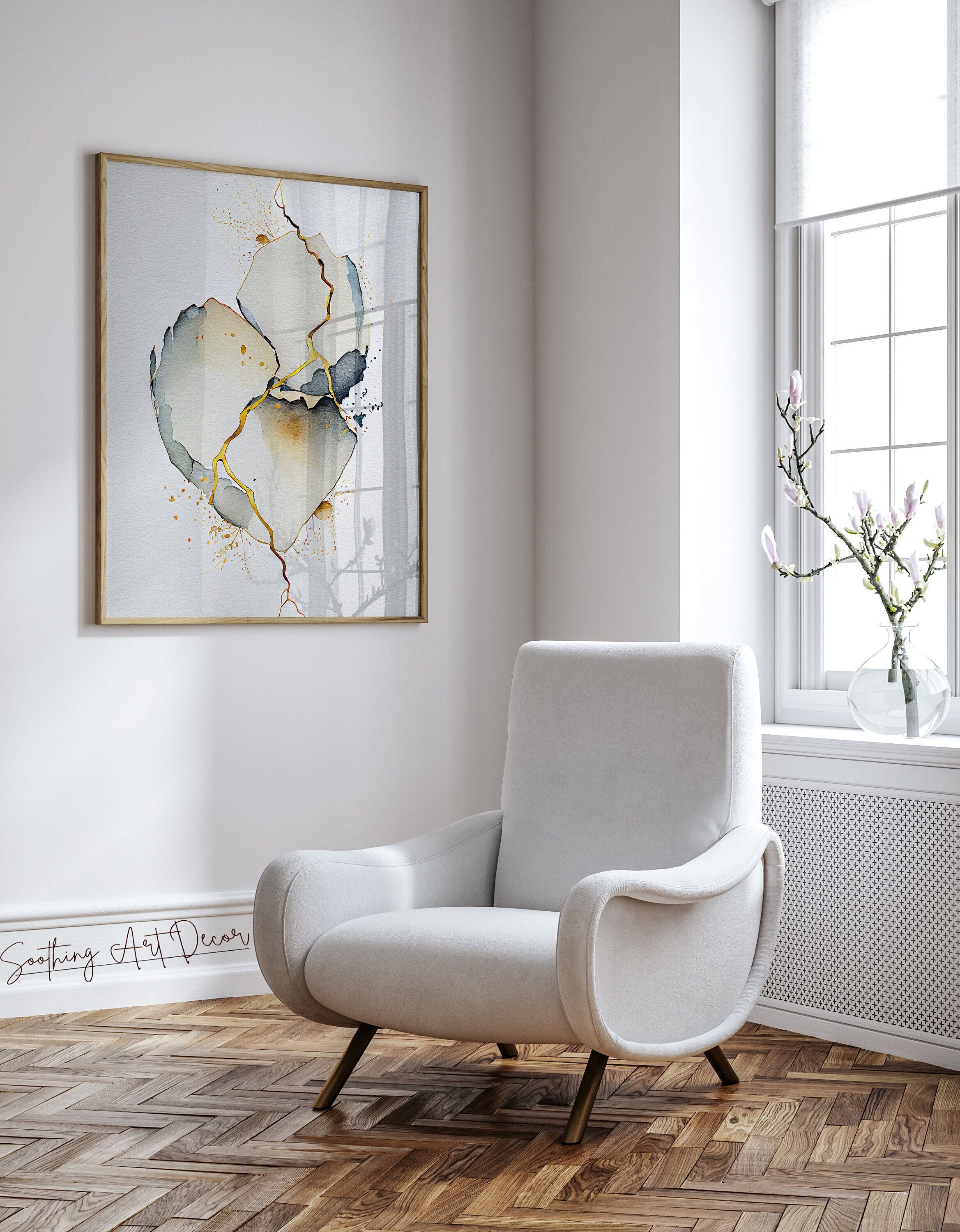 Japanese Kintsugi Abstract Art, Rebirth Watercolor Gold Simple Print ...