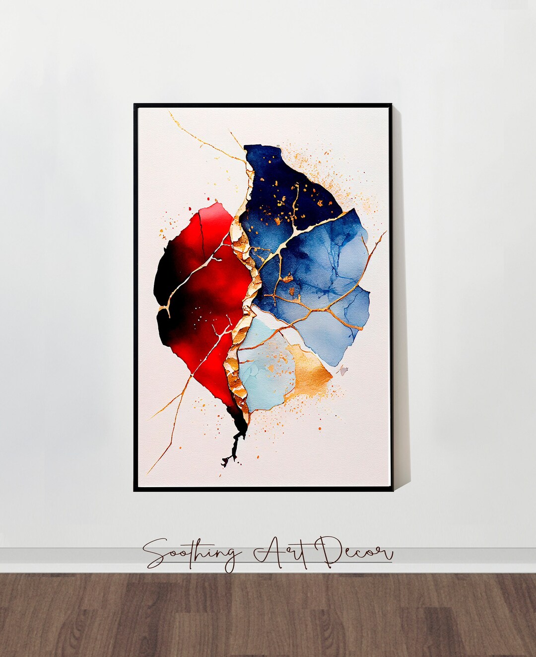 Red Blue Kintsugi Art Print, Japanese Fluid Gold Leaf Textured Wabi ...