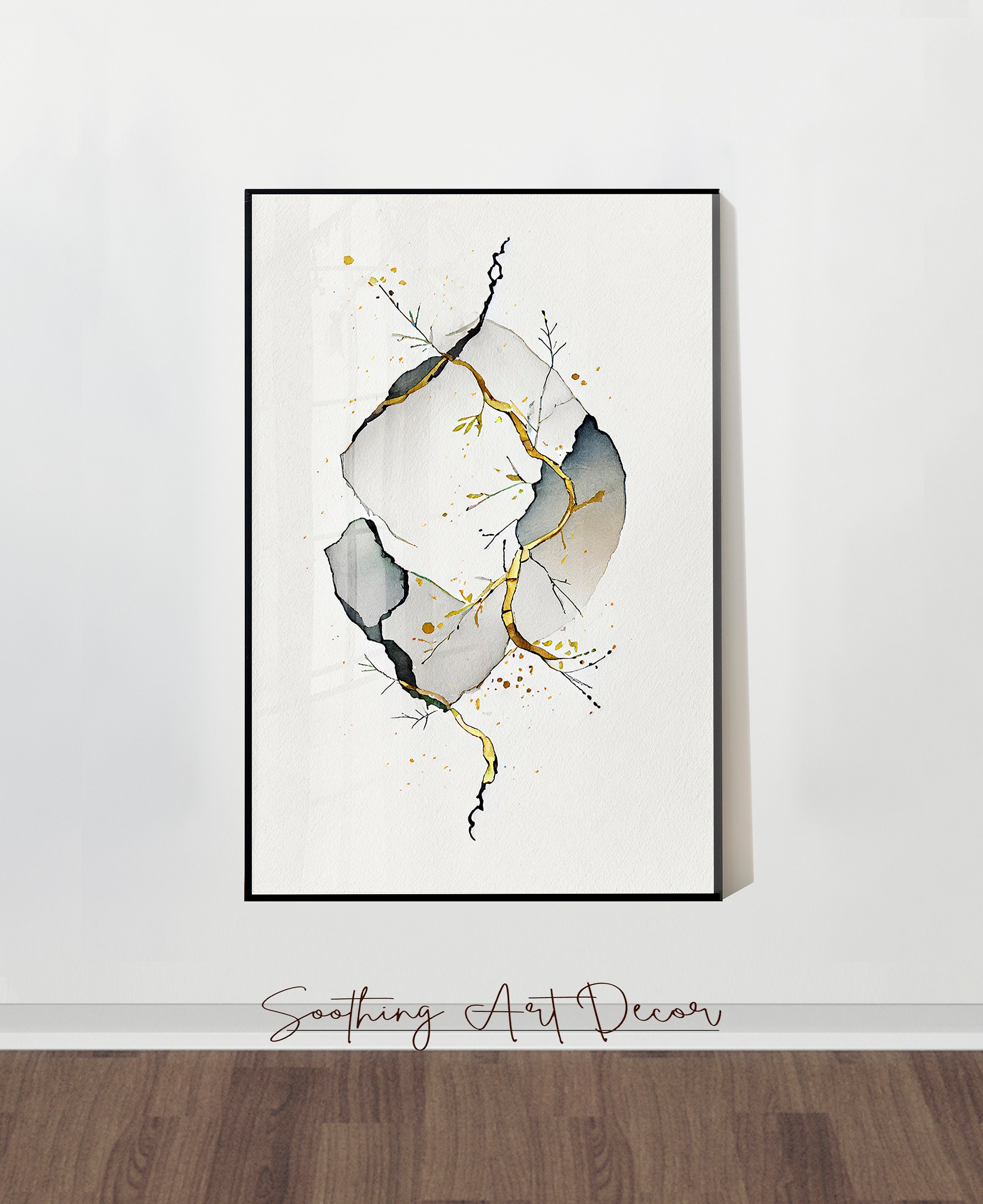 Japanese Ceramic Kintsugi Art Simple Watercolor Gold Print Japandi ...