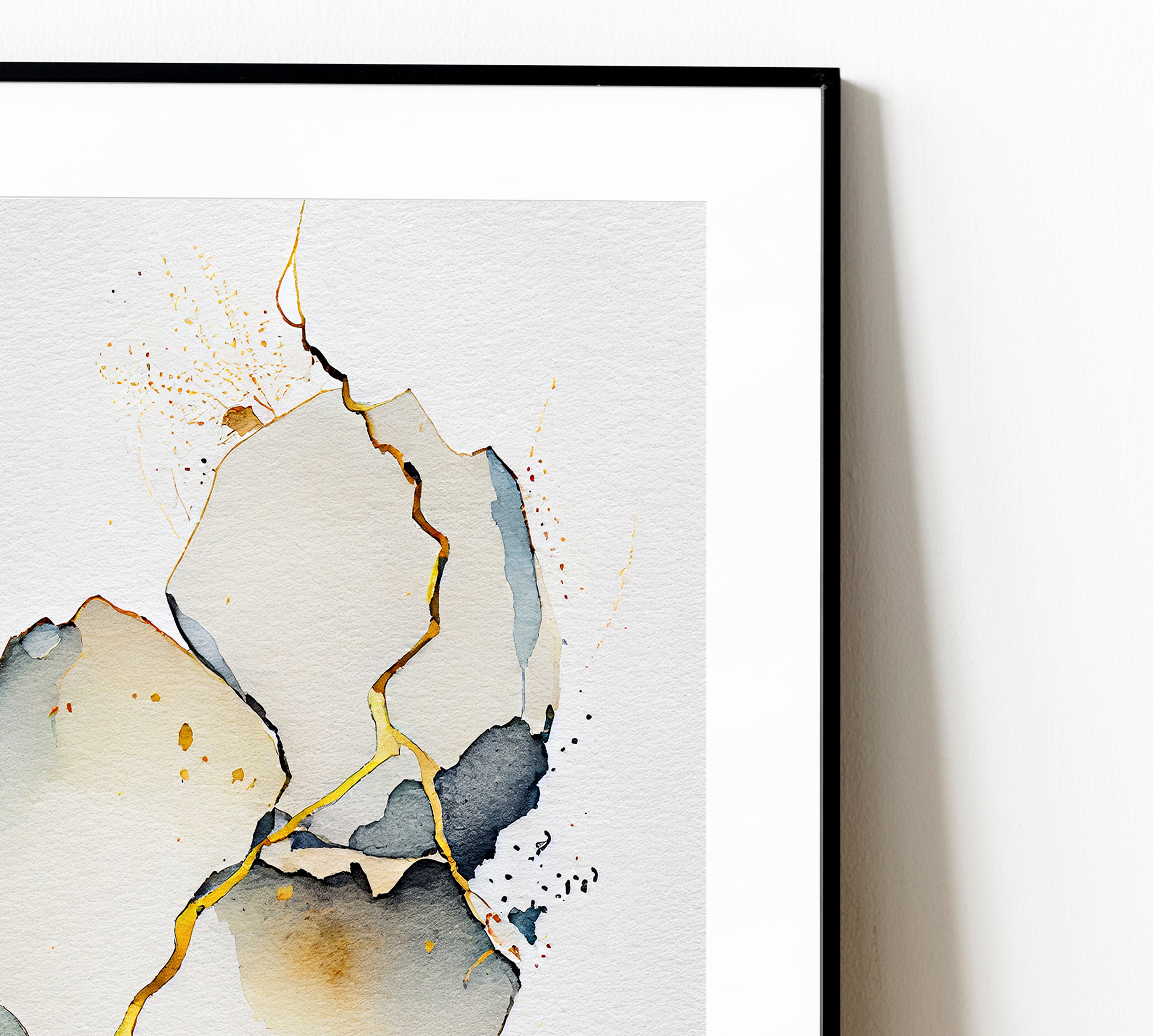 Japanese Kintsugi Abstract Art, Rebirth Watercolor Gold Simple Print ...