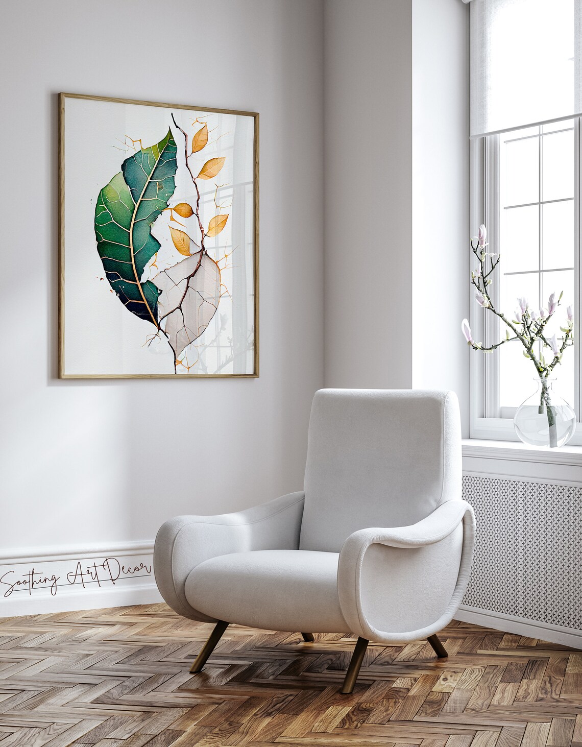 Sage Green Botanical Sapling Leaves Kintsugi Wall Art, Abstract Gold ...