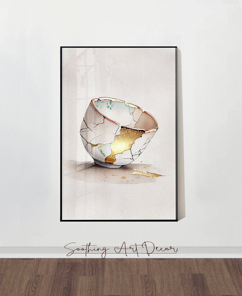 Japanese Ceramic Kintsugi Art Simple Watercolor Gold Print Japandi Sage Green Printable Peace ...