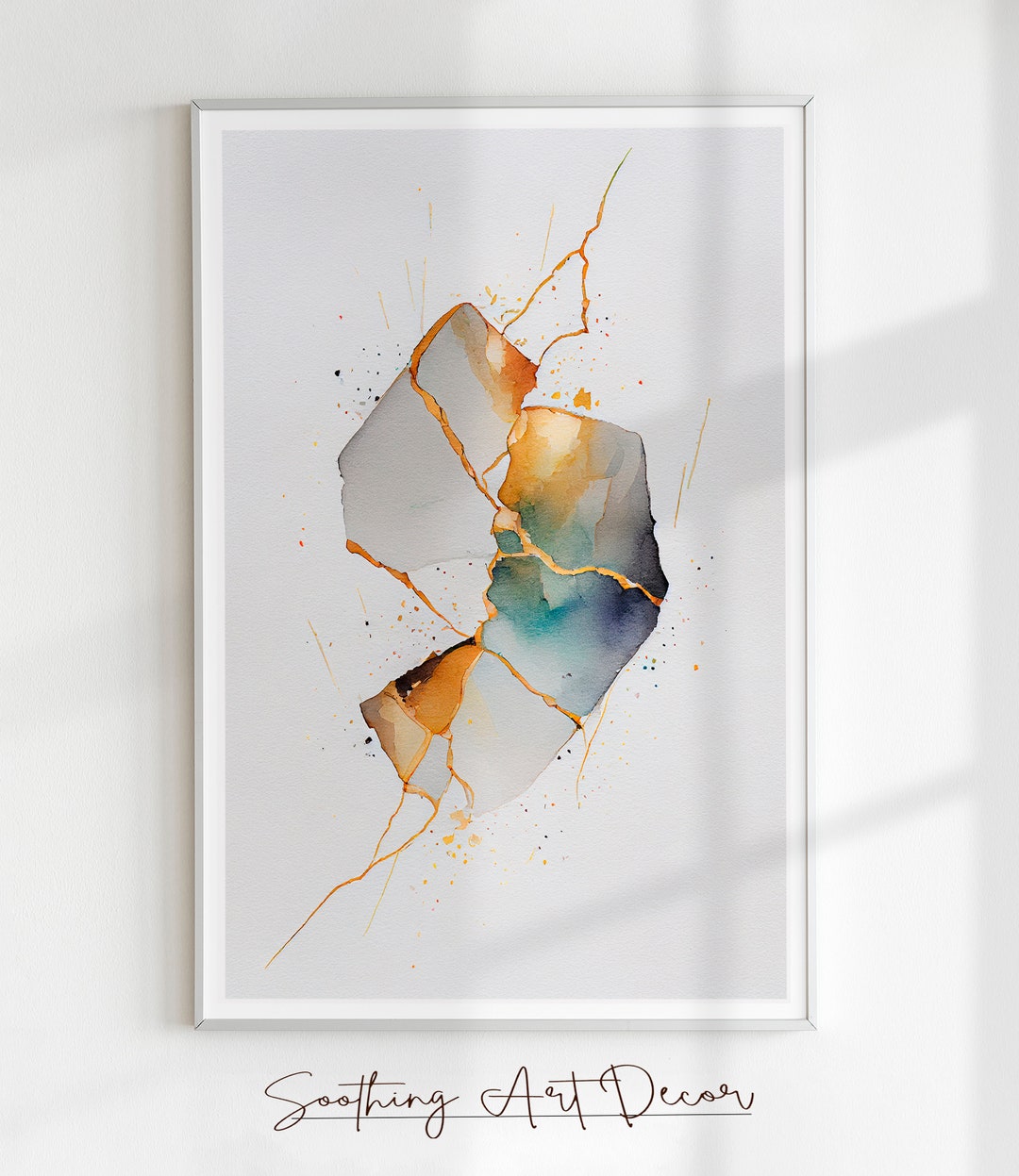 Japanese Face Kintsugi Art Simple Watercolor Gold Print Japandi Sage ...