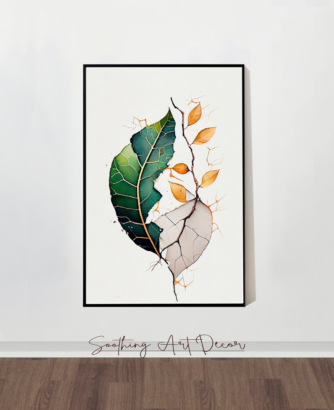 Sage Green Botanical Sapling Leaves Kintsugi Wall Art, Abstract Gold ...