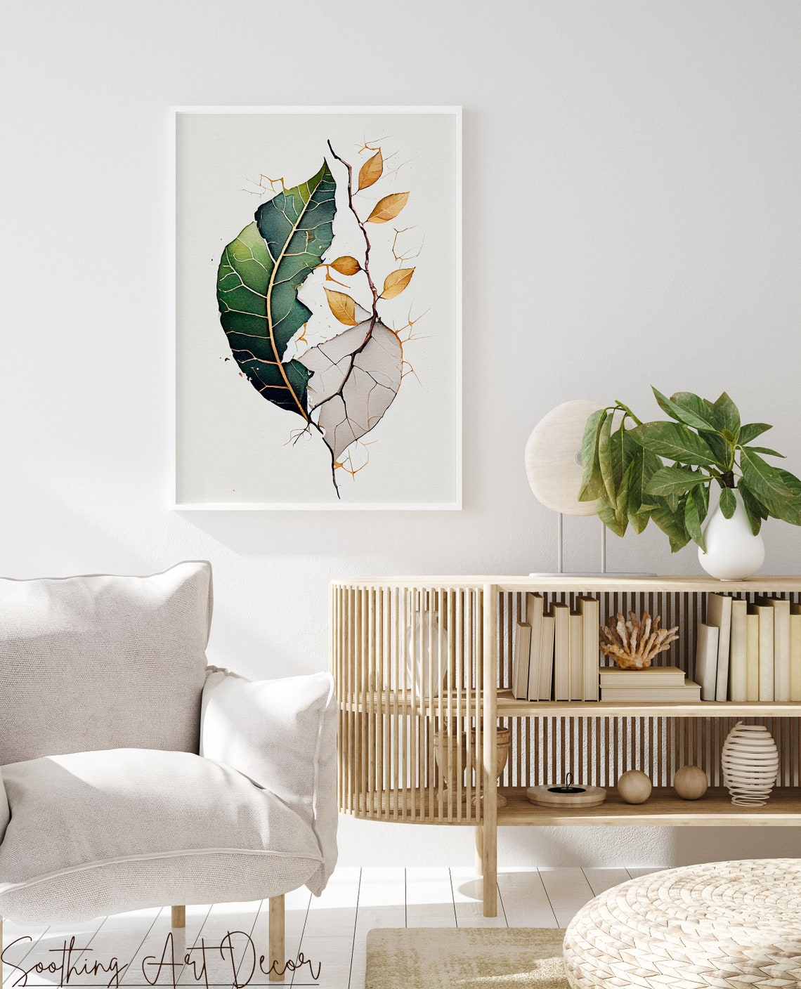 Sage Green Botanical Sapling Leaves Kintsugi Wall Art, Abstract Gold ...