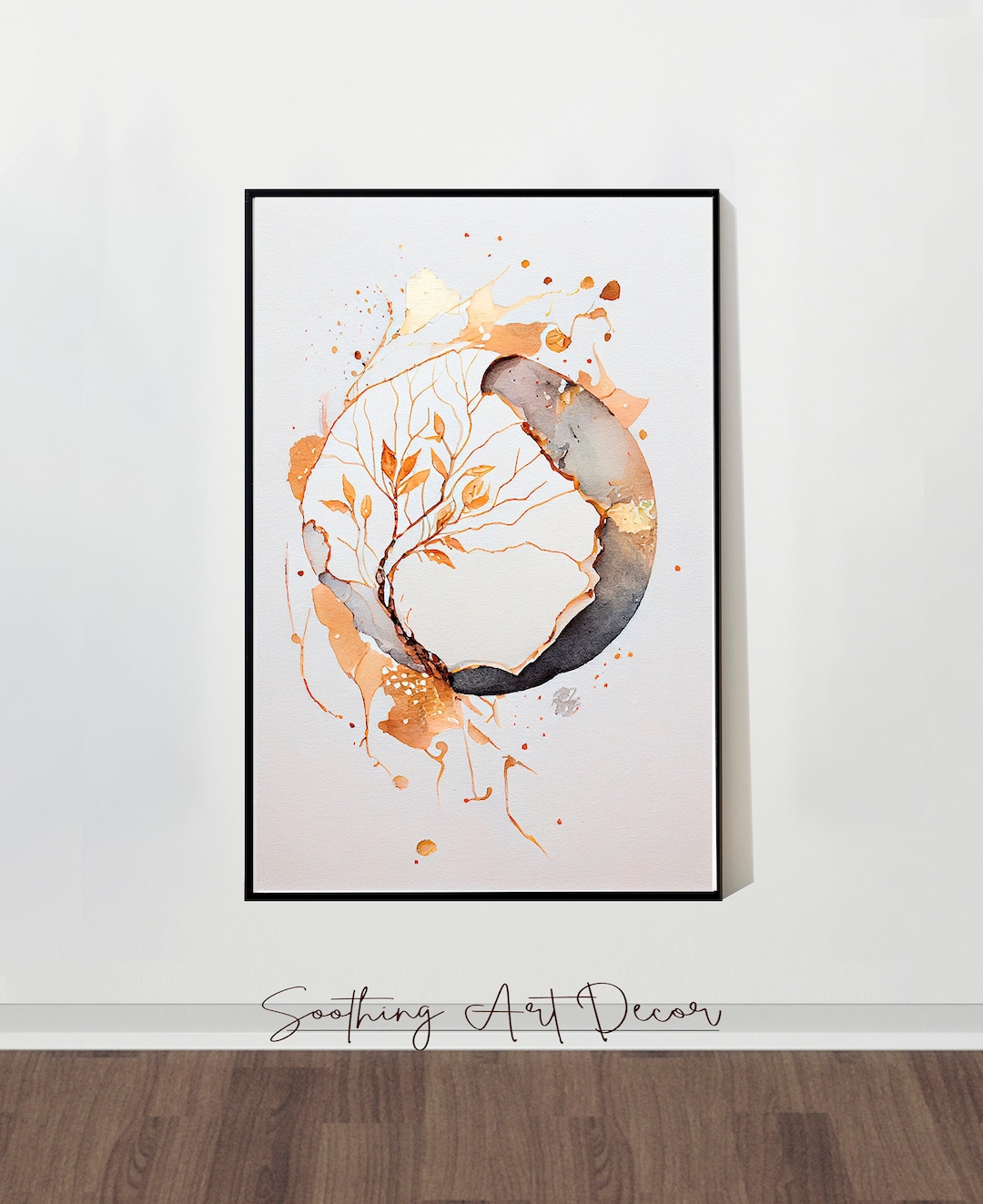 Simple Japandi Kintsugi Zen Enso Circle Wall Art, Golden Textured Sage Green Earth Tone Print ...