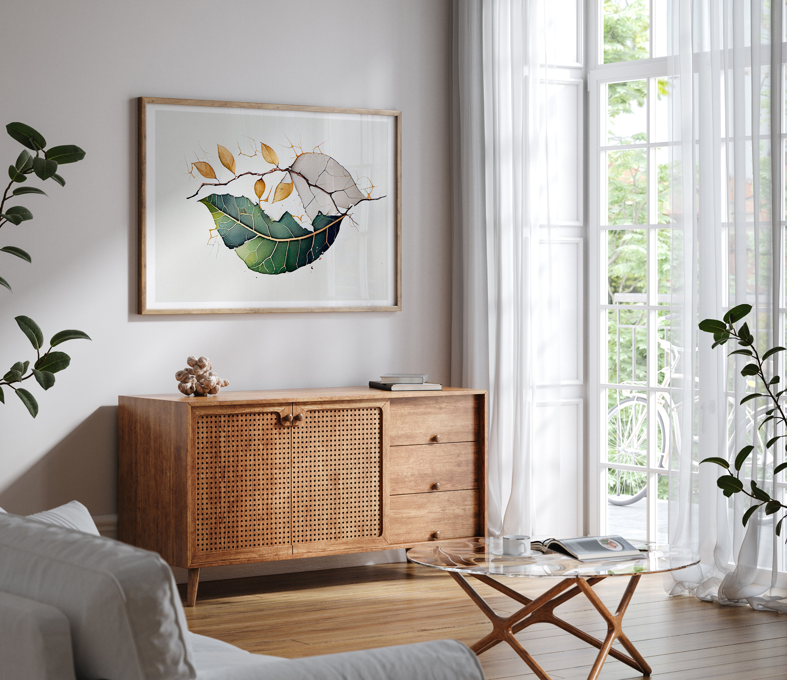 Sage Green Botanical Sapling Leaves Kintsugi Wall Art, Abstract Gold ...