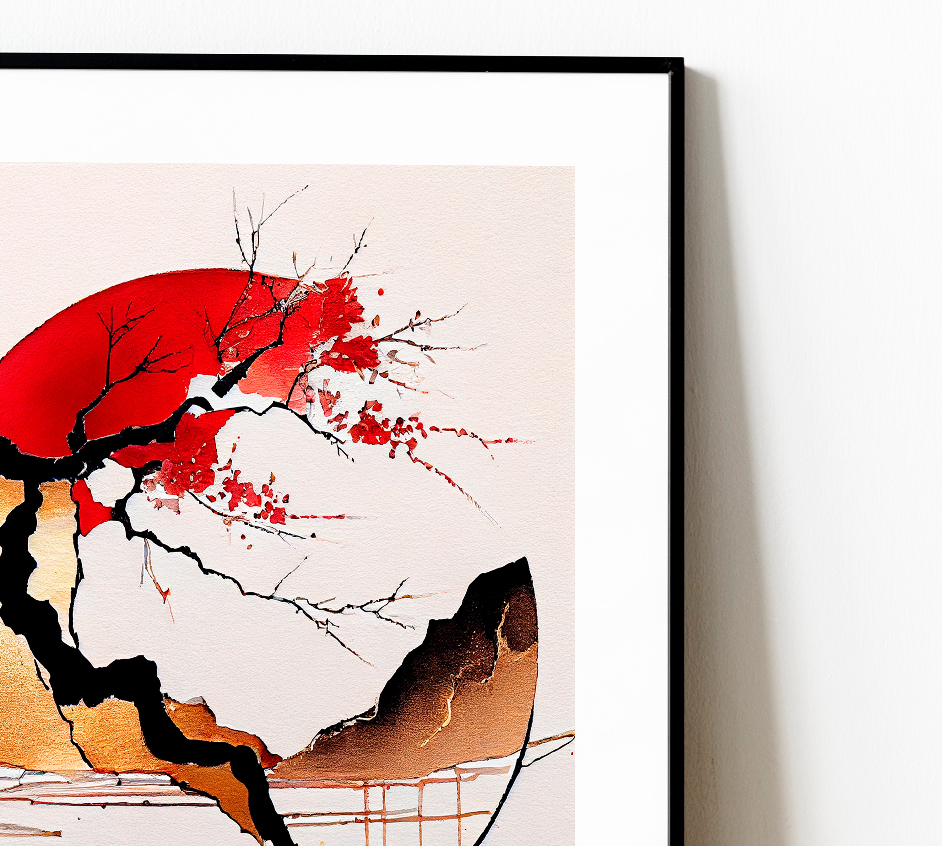 Red Sakura Cherry Kintsugi Art Print, Abstract Gold Leaf Zen Enso Circle Wall Art Japandi ...