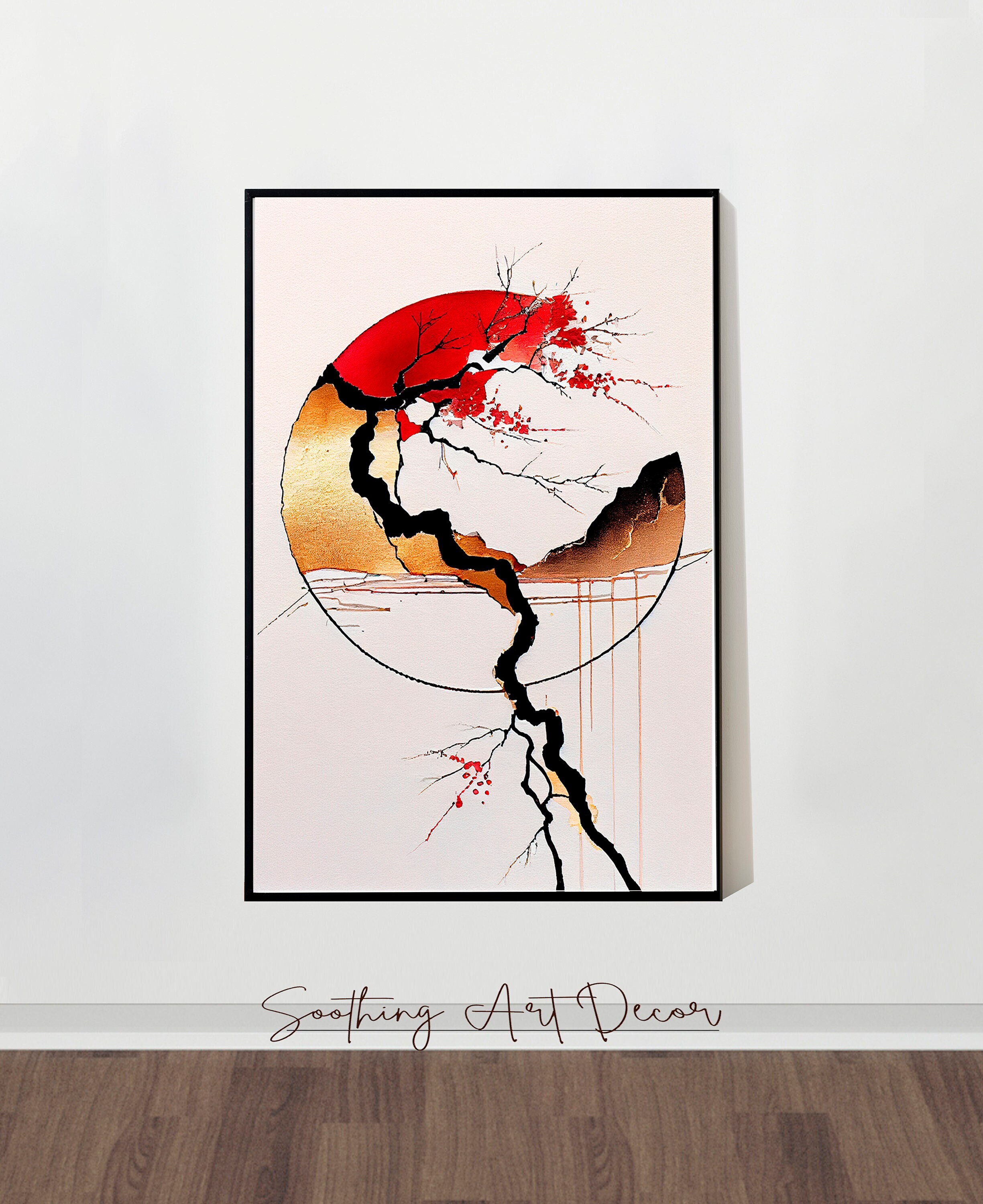 Red Sakura Cherry Kintsugi Art Print, Abstract Gold Leaf Zen Enso Circle Wall Art Japandi ...