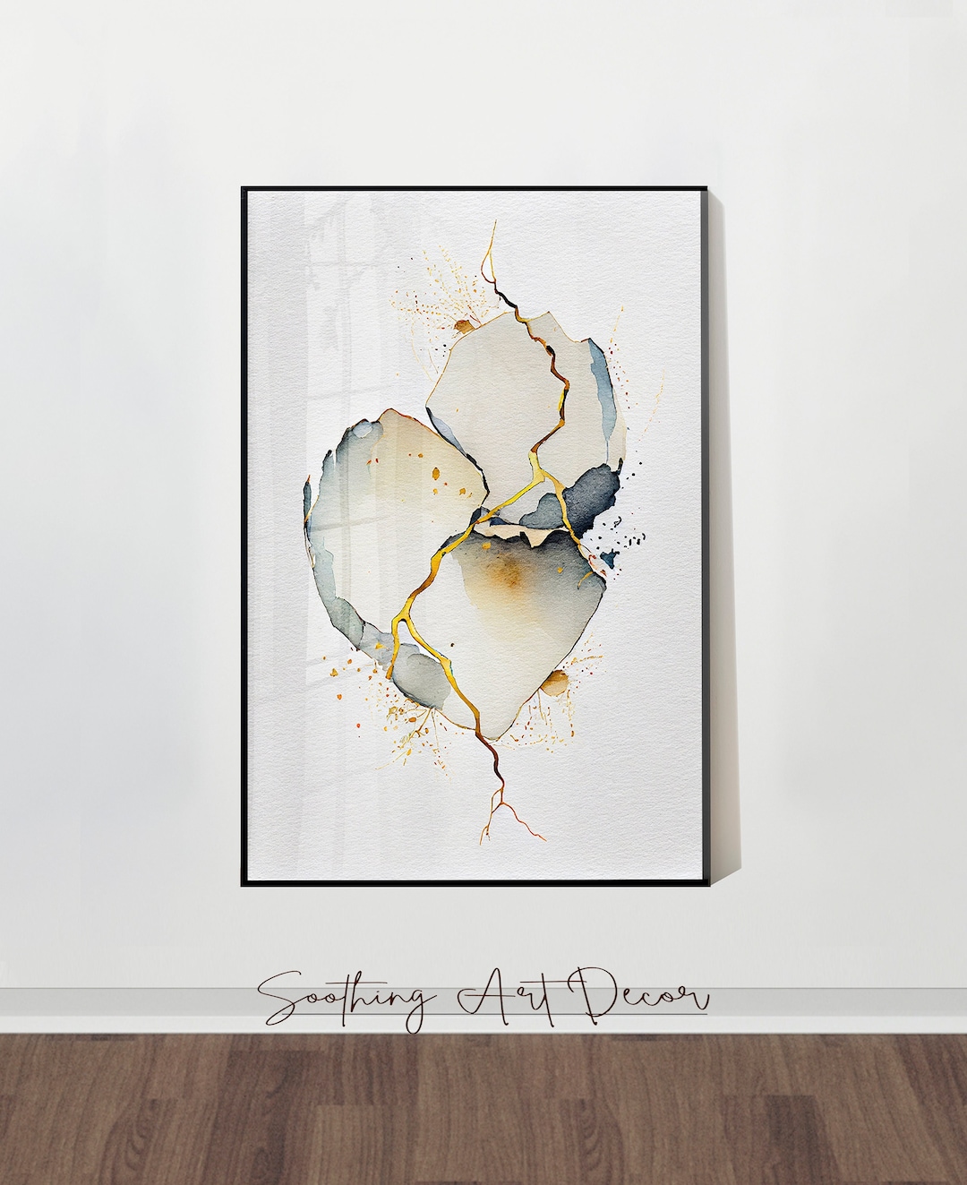 Japanese Kintsugi Abstract Art, Rebirth Watercolor Gold Simple Print ...