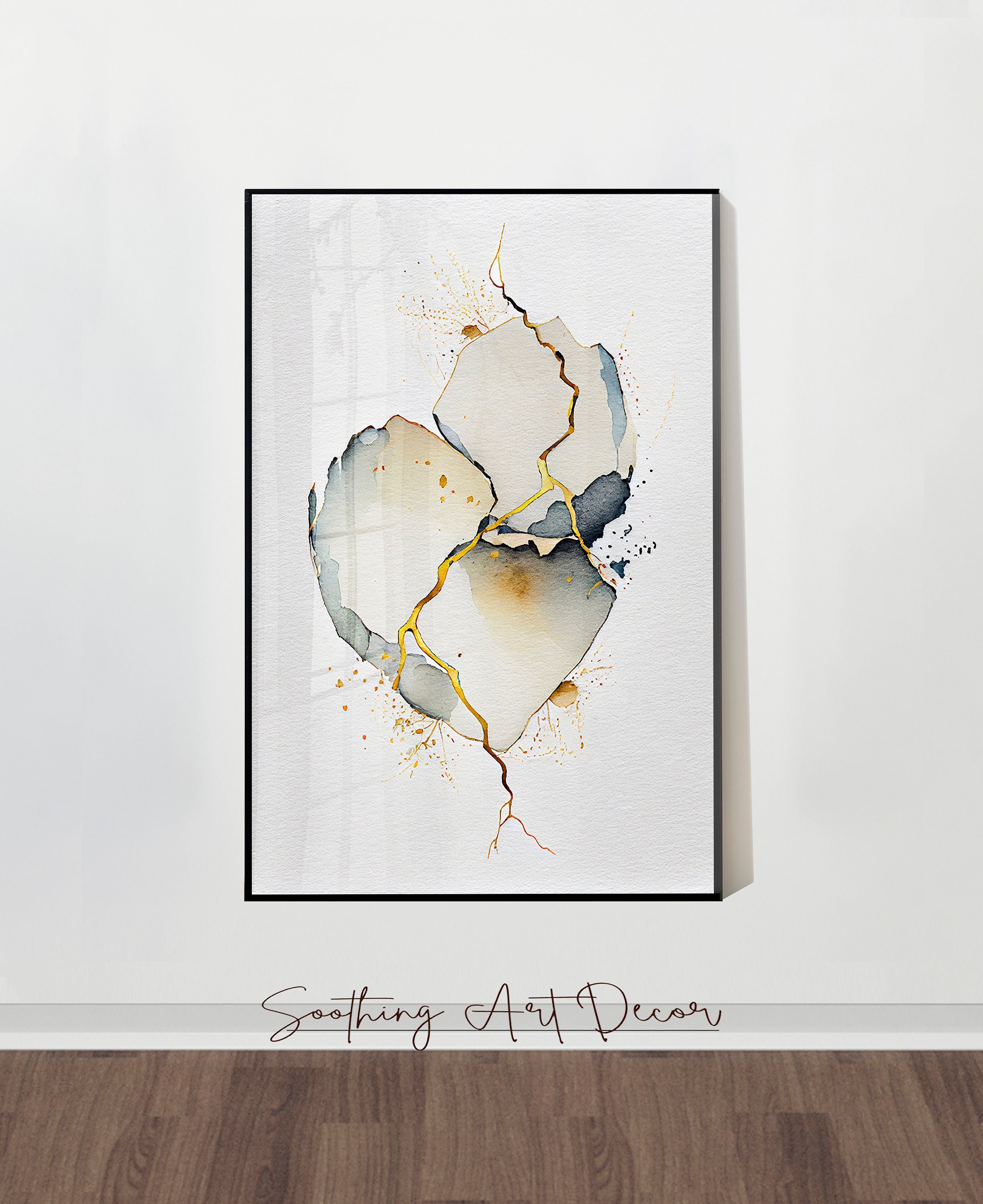Japanese Kintsugi Abstract Art, Rebirth Watercolor Gold Simple Print ...