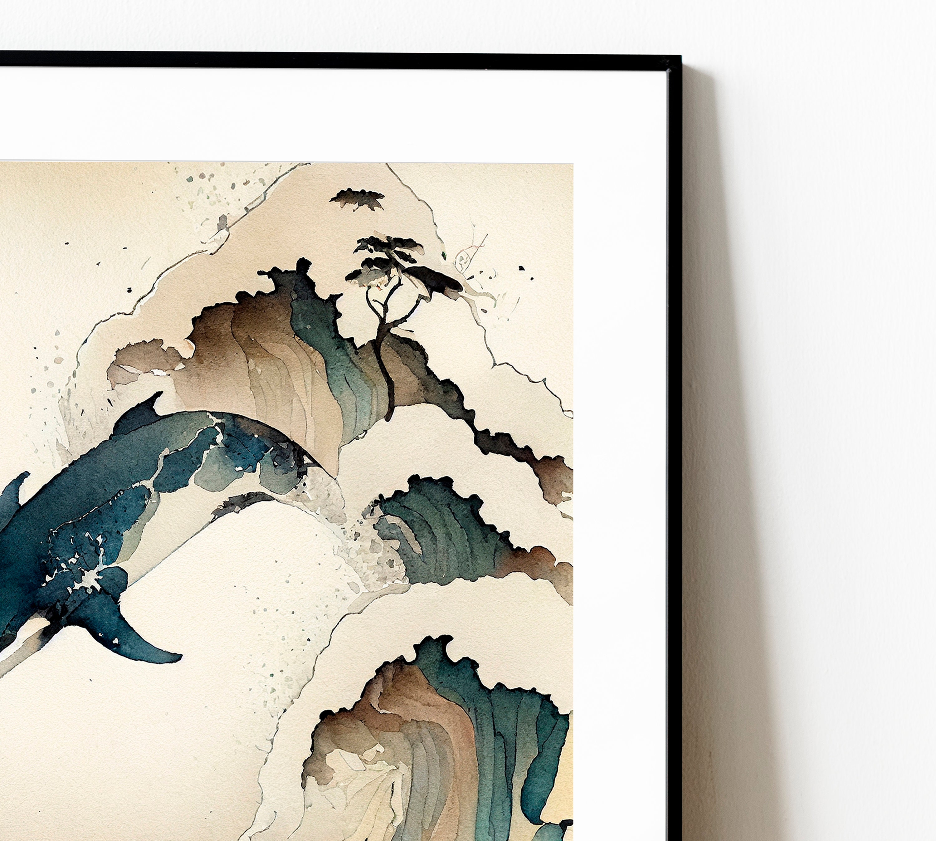 Hokusai Whale Textured Japanese Watercolor Flowers Wall Art Simple ...