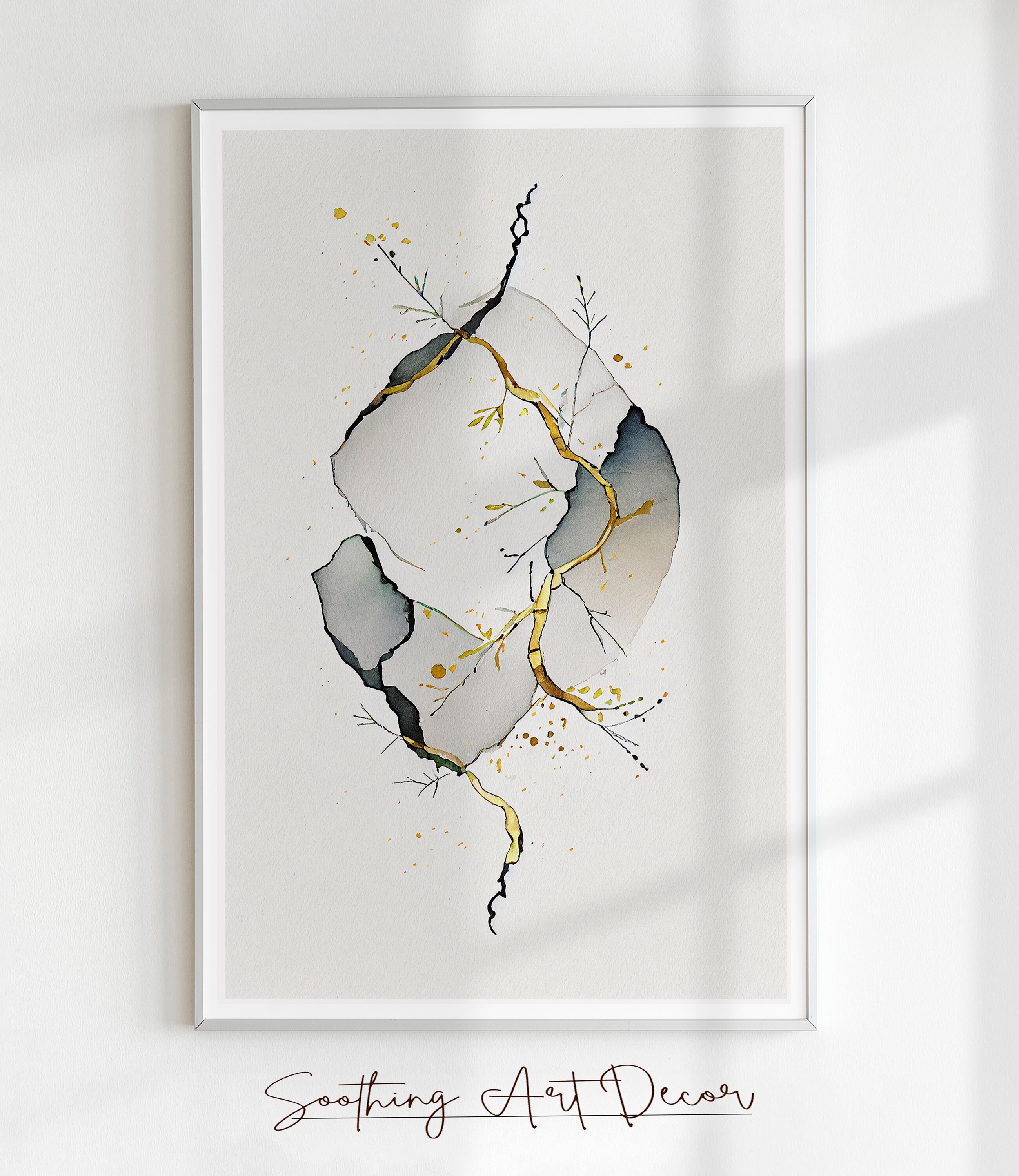 Japanese Ceramic Kintsugi Art Simple Watercolor Gold Print Japandi ...