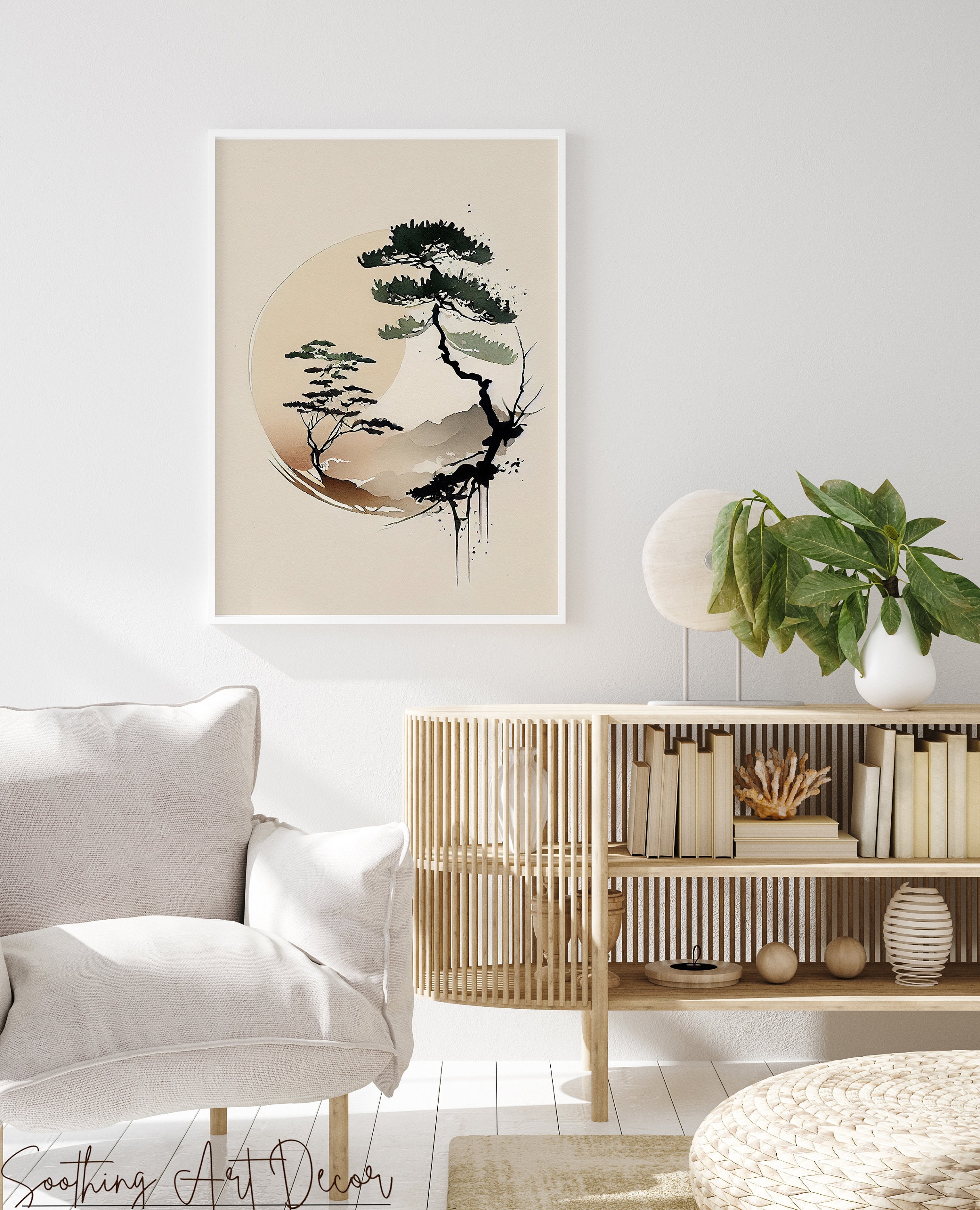 Simple Japandi Tree Circle Digital Download Art, Botanical Wabi Sabi ...