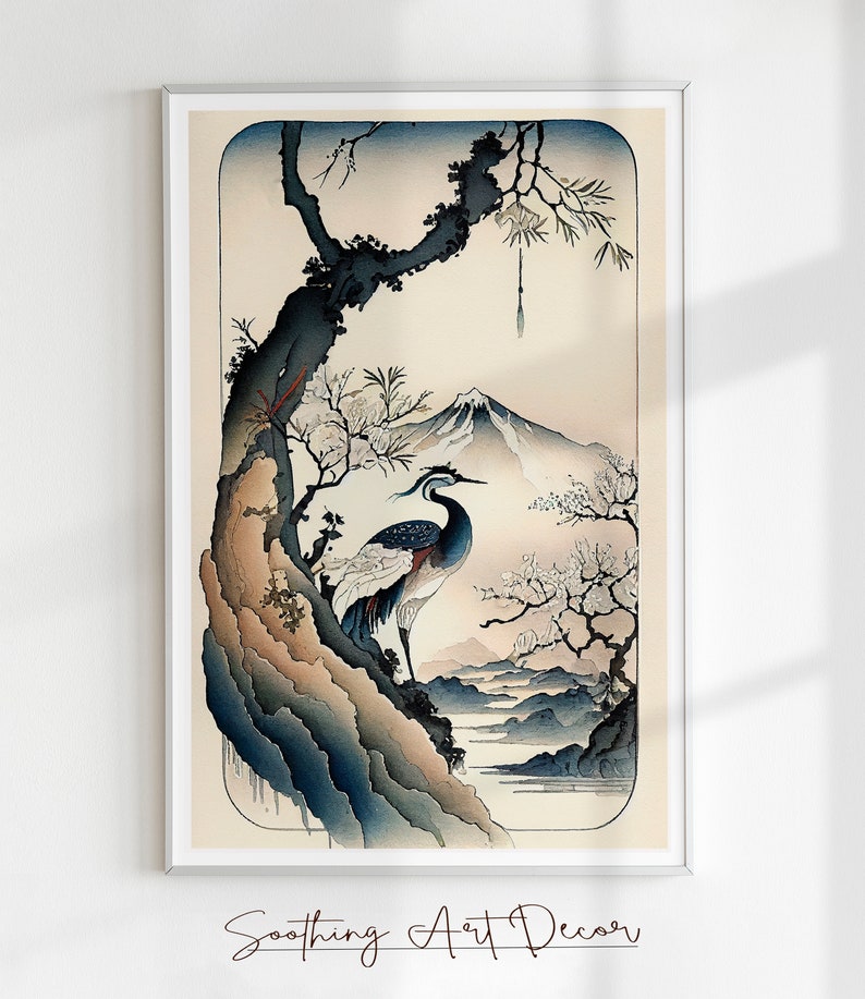 Japanese Heron Japandi Art, Antique Digital Sakura Cherry Blossom ...