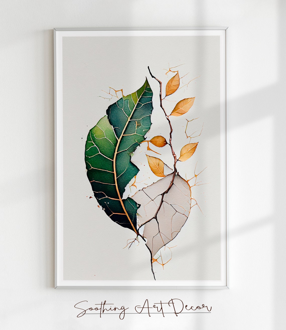 Sage Green Botanical Sapling Leaves Kintsugi Wall Art, Abstract Gold ...