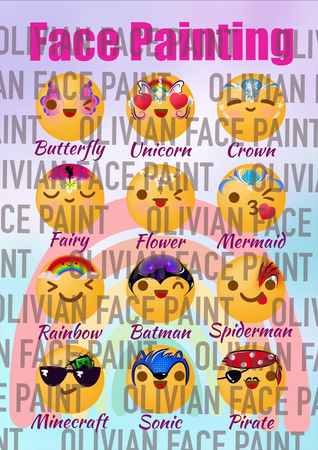 12 Popular Design Face Paint Menu Board, Face Paint Word Board, Face ...