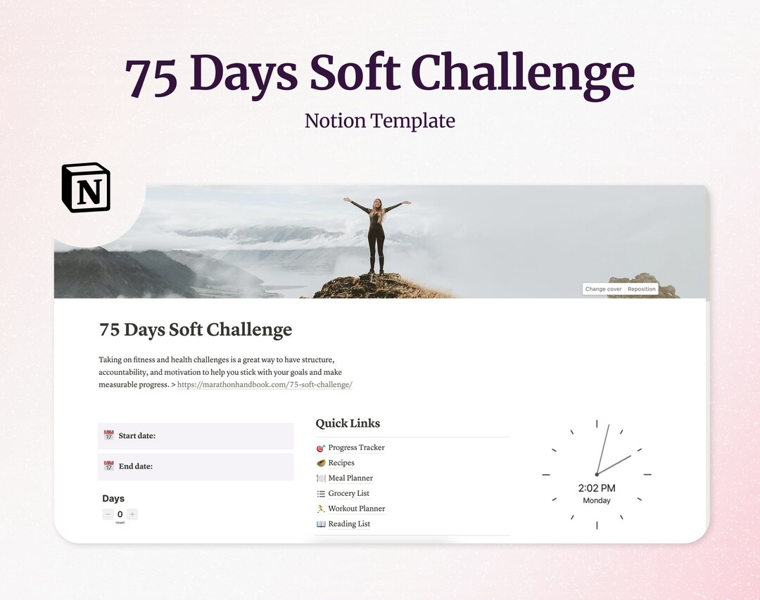 75 Days Soft Challenge Notion Template Aesthetic Digital - Etsy