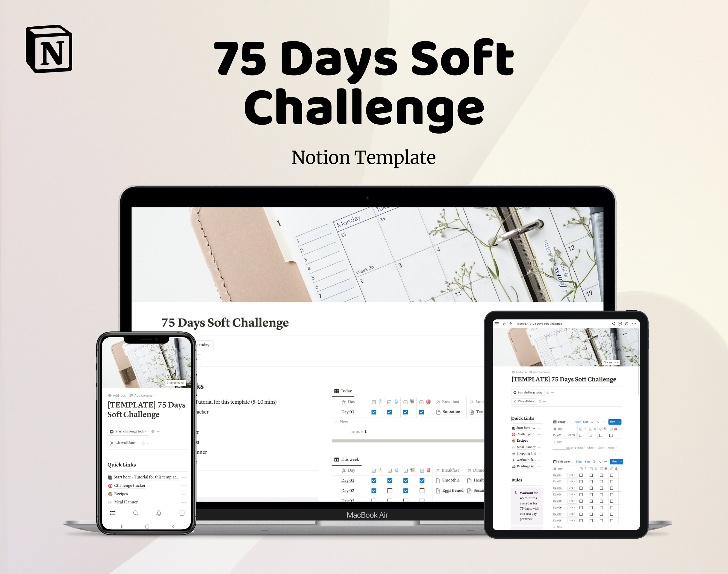 75 Days Soft Challenge Notion Template Aesthetic Digital Planner ...