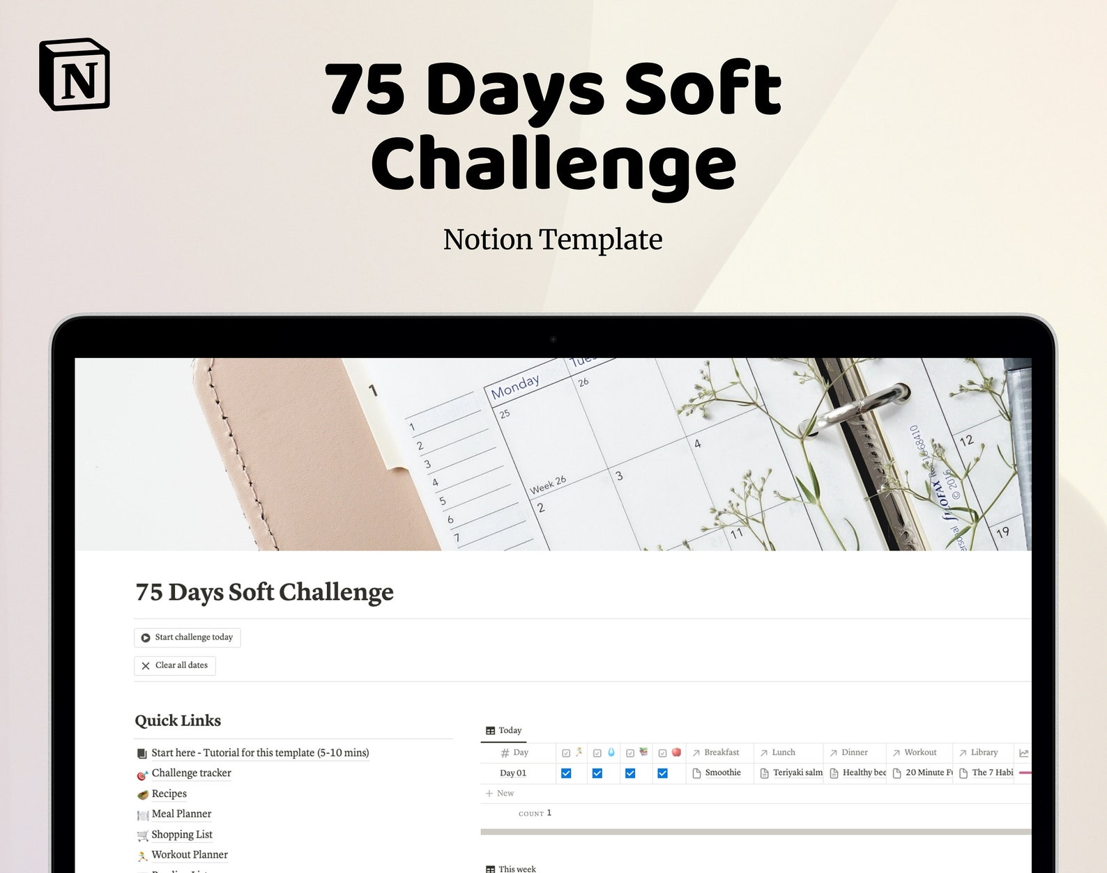 75 Days Soft Challenge Notion Template Aesthetic Digital Planner Editable Dashboard Life Planner ...