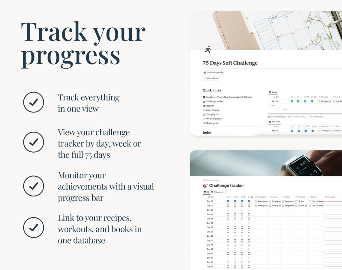 75 Days Soft Challenge Notion Template Aesthetic Digital Planner ...